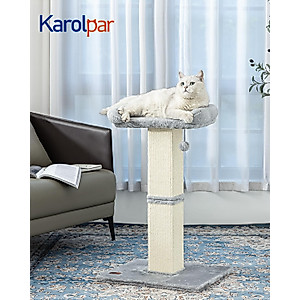 Karolpar 32" Cat Scratching Post for Indoor Cats, Sisal Cat Scratcher with Plush Perch, Large Scratch Post with Bed, Removable Cover, Sisal Fabric,Light Grey