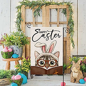 Happy Easter Garden Flag for Outdoor 12x18 Double Sided,Religious Cat with Bible Rabbit Ears Small Yard Flag,Seasonal Decors for Spring Farmhouse Holiday Outside