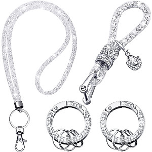 Leelosp Bling Rhinestone Wristlet Neck Lanyards Crystal Car Keychain with Diamond Metal Clasp Keychain for Women ID Badge (White)
