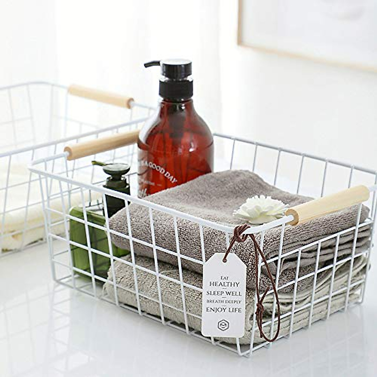 Aeggplant Kitchen Wire Baskets Farmhouse Decor Metal Food Storage Organizer,Household Refrigerator Bin with Built-in Handles for Cabinets, Pantry,Bathroom 4 Packs (white)