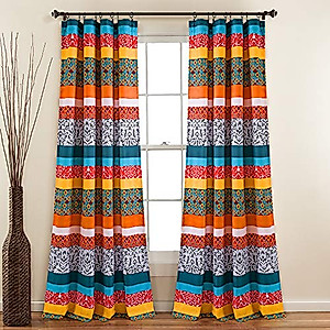 Lush Decor Boho Stripe Window Curtain Bohemian Geomatric Floral Design Panel Pair, 52" W x 84" L, Turquoise & Tangerine