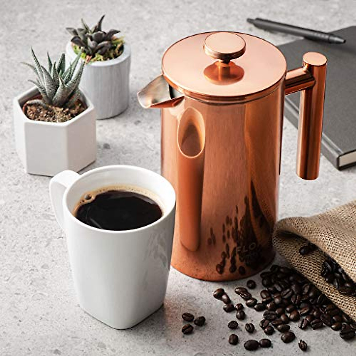 Floh French Press for Coffee & Tea in Rose Gold Copper - 34 Oz Insulated Stainless Steel Coffee Maker