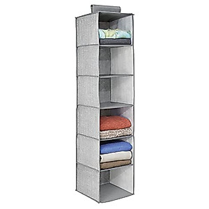 mDesign Long Soft Fabric Over Closet Rod Hanging Storage Organizer with 6 Shelves for Clothes, Leggings, Lingerie, T Shirts - Textured Print with Solid Trim - 2 Pack - Gray