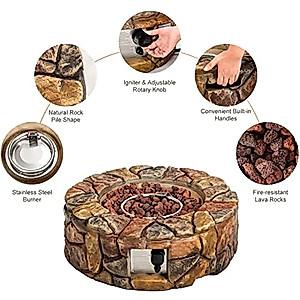 Renatone 40,000 BTU Propane Gas Fire Pit, 28 Inch Round Stone Fire Pit with PVC Cover, Lava Rock, 10ft Gas Pipe, ETL Certified, Stainless-Steel Gas Burner for Patio Garden Backyard Deck (Brown)