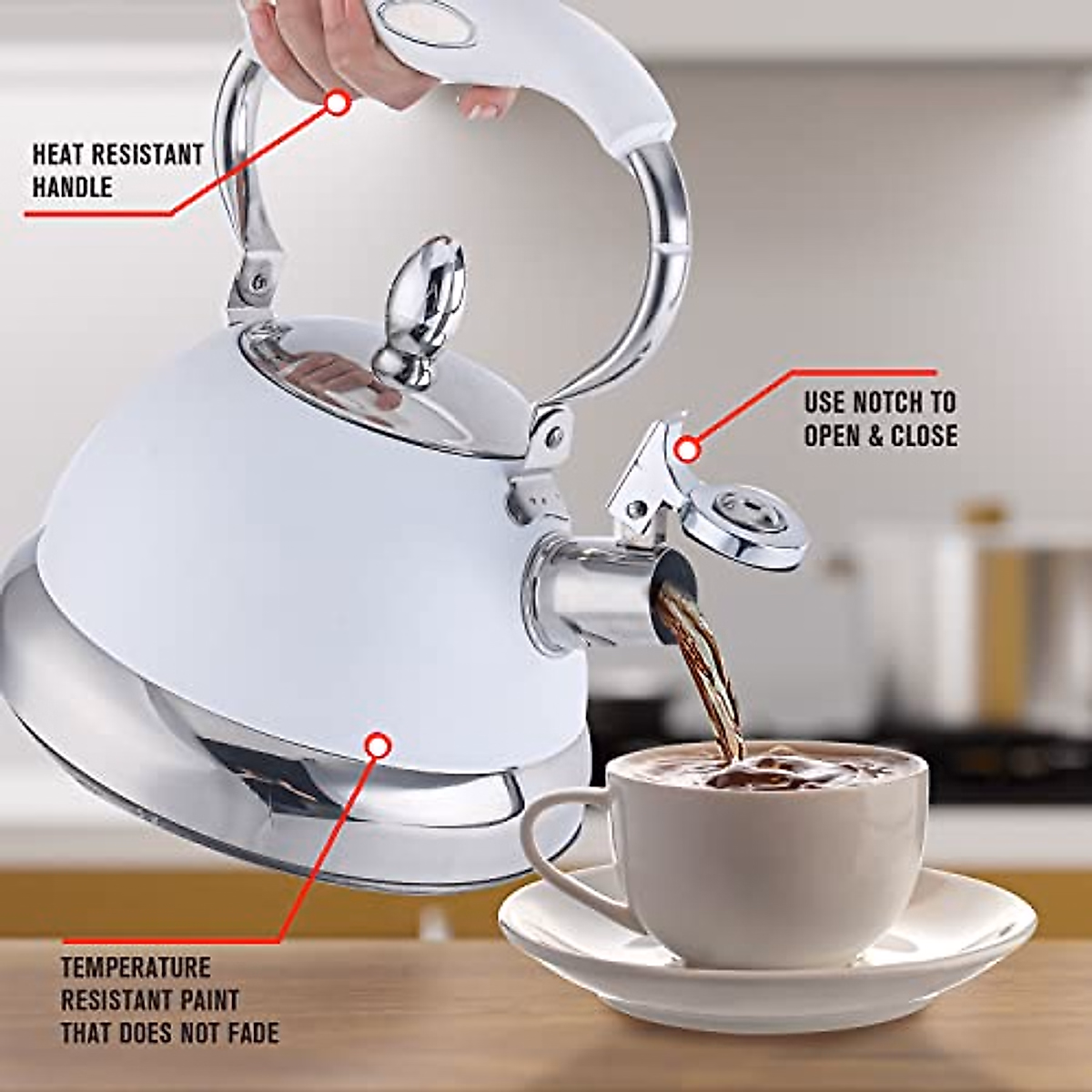 Emeril Lagasse 2.6 Quart/2.5 Liter Whistling Tea Kettle, Stainless Steel Tea Pot for Induction Stove Top, Fast to Boil Water for Home Kitchen Condo, with Ergonomic Cool Folding Grip Handle, White