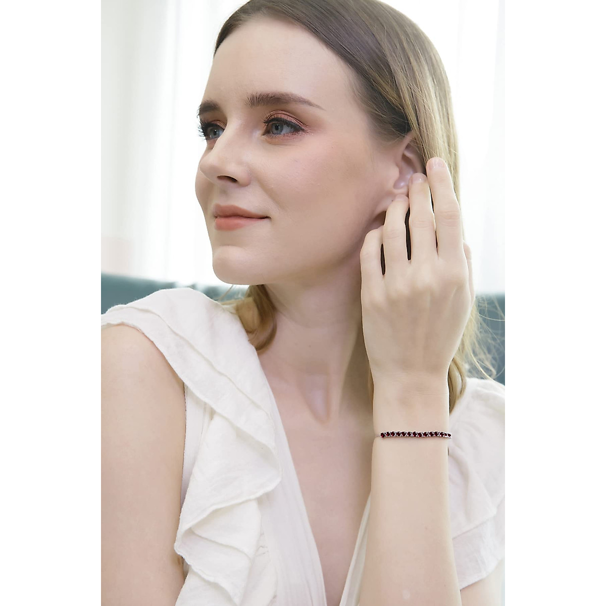 GemStar USA Sterling Silver 3mm Garnet Round-cut Chain Adjustable Pull-String Bolo Slider Tennis Bracelet for Women