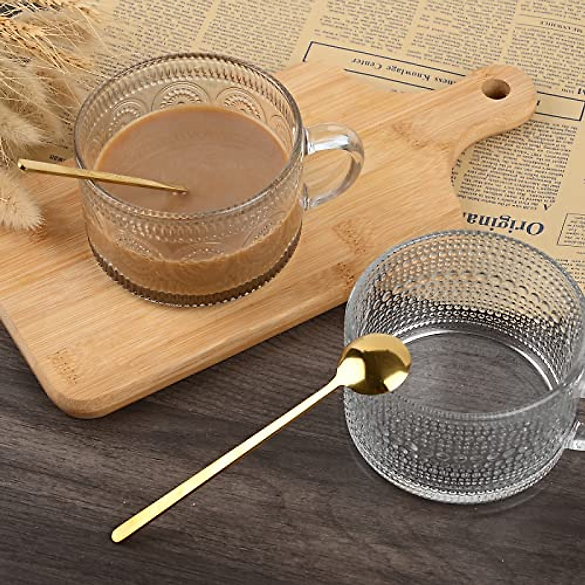 4 Pcs Vintage Glass Coffee Mugs 14 Oz Clear Embossed Tea Cups with 4 Pcs Spoons Stackable Drinking Glasses for Cappuccino Water Milk Yogurt Beverage Gift for Family and Friends