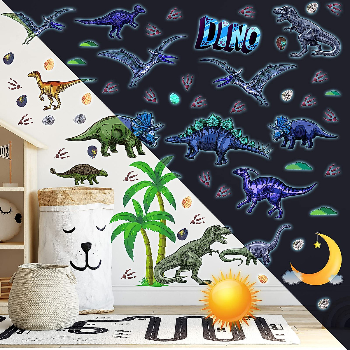 Zonon 114 Pcs/ 4 Sheet Glow in The Dark Dinosaurs Stickers for Waterproof Glowing Dinosaur Wall Decals Large Removable Glow Wall Decor for Boy Bedroom Ceiling Kid Nursery Playroom(Blue Glow)