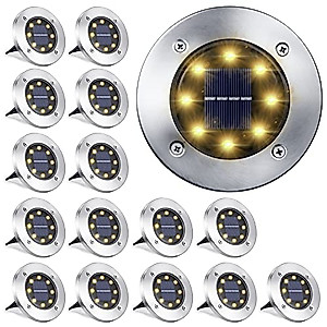 LYHOPE Solar Ground Lights Outdoor, 16 Pack 8 LED Solar Disk Lights Waterproof Garden In-ground Pathway Lights Landscape Lighting for Lawn,Yard,Deck,Patio,Walkway (Warm White)