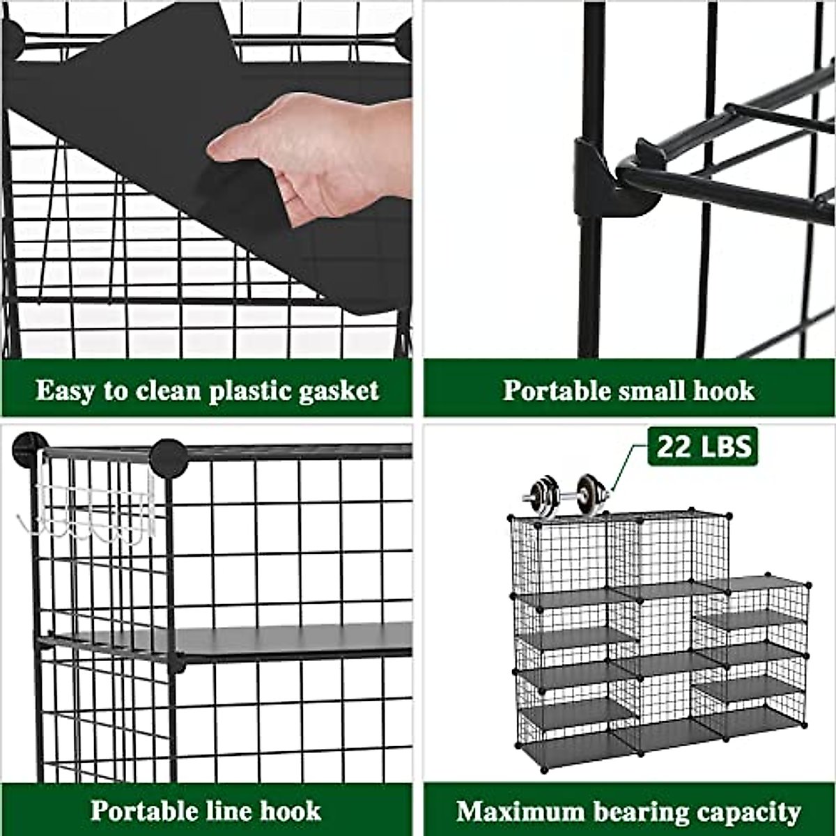 C&AHOME Wire Cube Storage Unit, Interlocking Metal Wire Organizer with Divider Design, Modular Cabinet with Plastic Panels, Bookshelf Stackable Closet Organizer with Small Hooks, Black UWCSIM08B