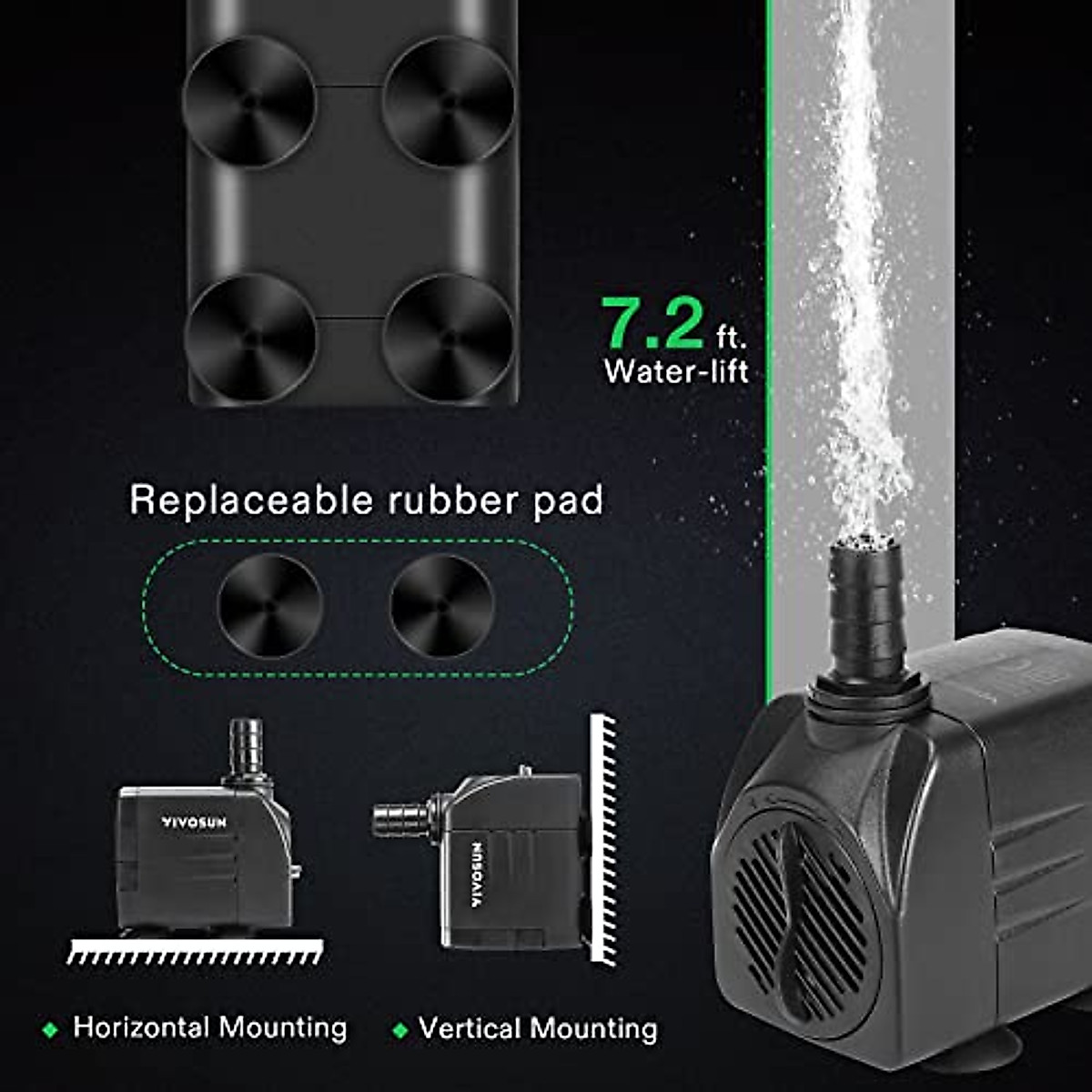 VIVOSUN 480GPH Submersible Pump(1800L/H, 25W), Ultra Quiet Water Pump with 7.2ft High Lift, Fountain Pump with 5ft Power Cord, 3 Nozzles for Fish Tank, Aquarium, Statuary, Hydroponics