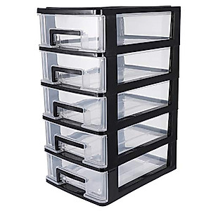 Gadpiparty Multifunctional Five-Layer Storage Cabinet Plastic Drawer Type Closet 5 Drawer Storage Tower Storage Container Case with Clear Drawer for Home, 8.3x5.9x12.3inch, Black