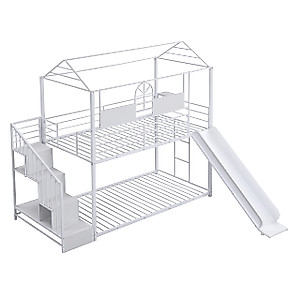 POLOPA Bunk Bed,Twin Over Twin Bunk Bed,Twin Bunk Bed with Stairs Storage and Slide,Twin Bunk Beds,Metal Bunkbeds Frame with Guardrails for Kids Teens Girls Boys Toddlers (White)