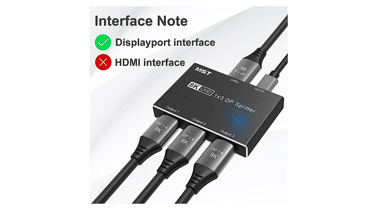 HEZOOMS 8K DisplayPort Splitter - 1 to 3 Outputs