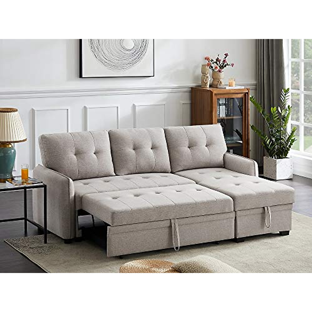 INFINI FURNISHINGS 84" Wide Sectional Sofa with Pull Out Sleeper Bed, Reversible Storage Chaise Lounge, Modern Tufted Line Design Sofabed, Light Gray