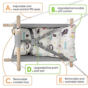 Baby Swing for Baby and Toddler, Canvas Baby Hammock Swing Indoor and Outdoor with Safety Belt and Mounting Hardware, Wooden Hanging Swing Seat Chair for Baby up to 4 Year - Cute Animal