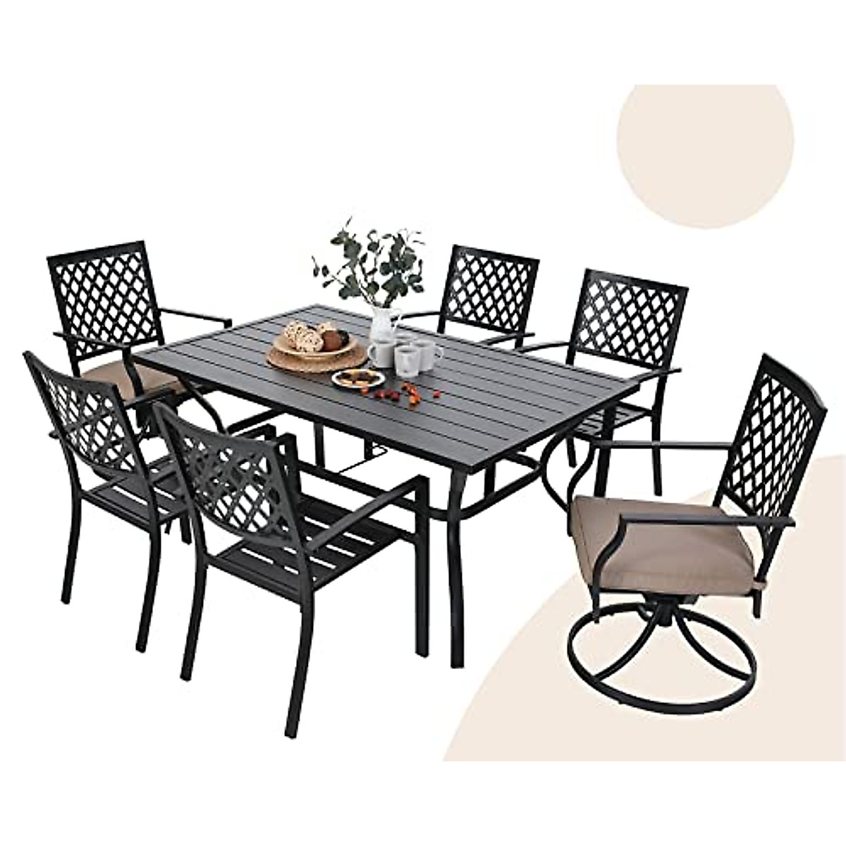MFSTUDIO 7-Piece Metal Outdoor Patio Dining Set with 6 Armrest Chairs and 1 Steel Rectangular Table with 1.57“ Umbrella Hole, L60 x W38 x H28 Table, 4 Backyard Garden Chairs, 2 Swivel Chairs, Black