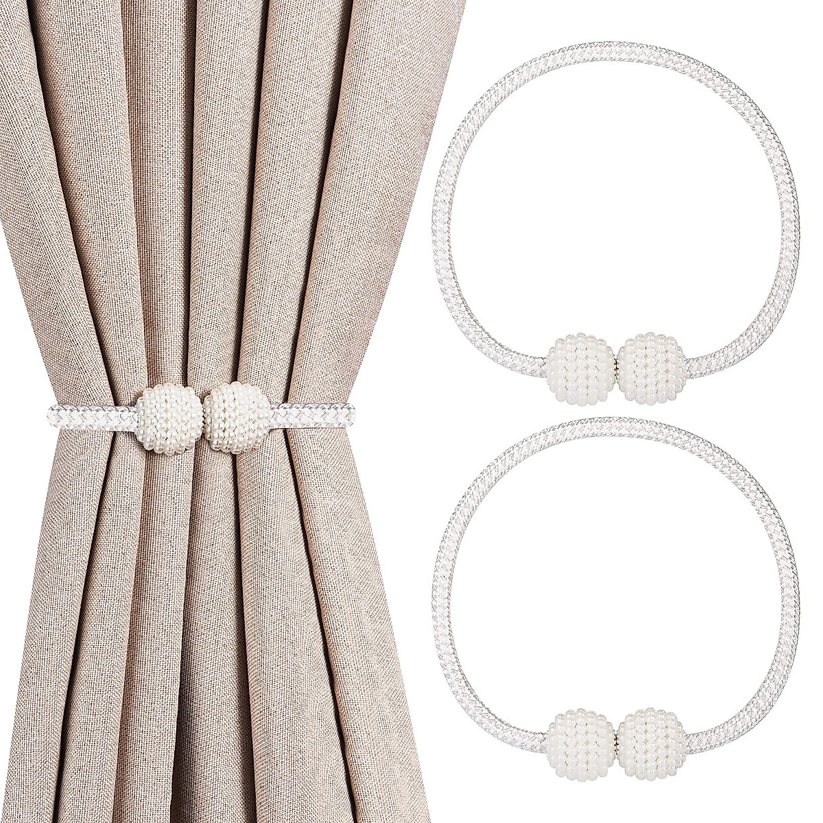 Kirecoo 2 Pack Curtain Tiebacks - Magnetic Curtain Tiebacks, Pearl Curtain Ties Decorative Rope, Curtain Holder Holdbacks for Drapes, Sheer Curtains (White)