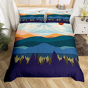 Erosebridal Japanese Style Comforter Cover Boho Sun Mountain Duvet Cover for Kids Teens Youth Vintage Watercolor Bedding Set Watercolor Mountain Sunset Sun Bedspread Cover Twin Size 2Pcs