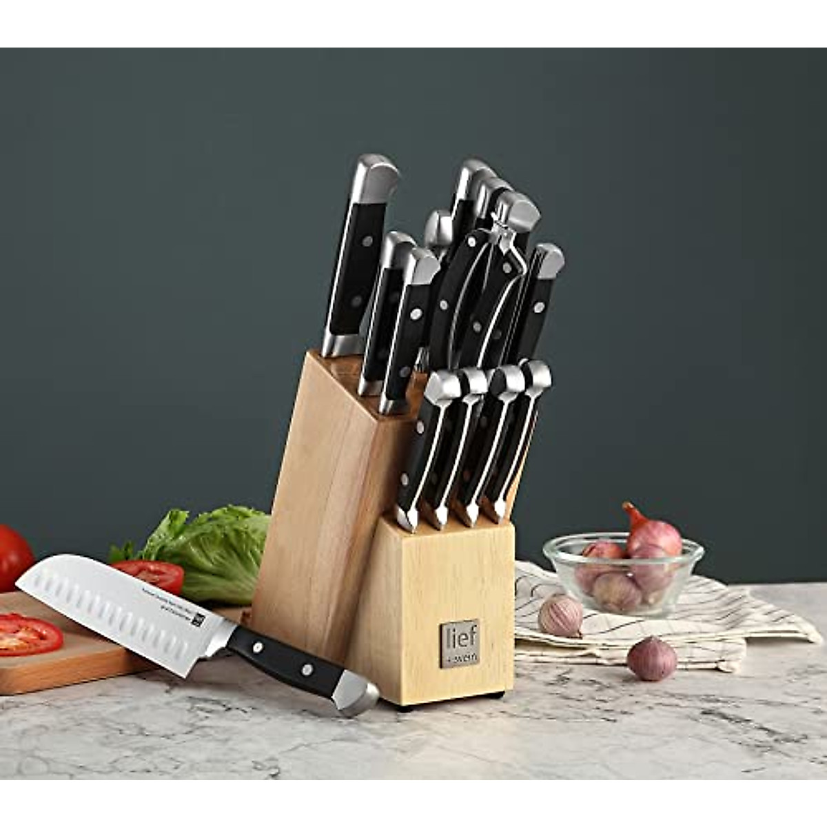 LIEF+SVEIN Brand German Steel Knife Block Set, 15-Piece Kitchen Knife Sets. German Stainless 1.4116 Steel. Unique Kitchen Knives Set with Ipad Holder. Ideal knife set with block and sharpener.