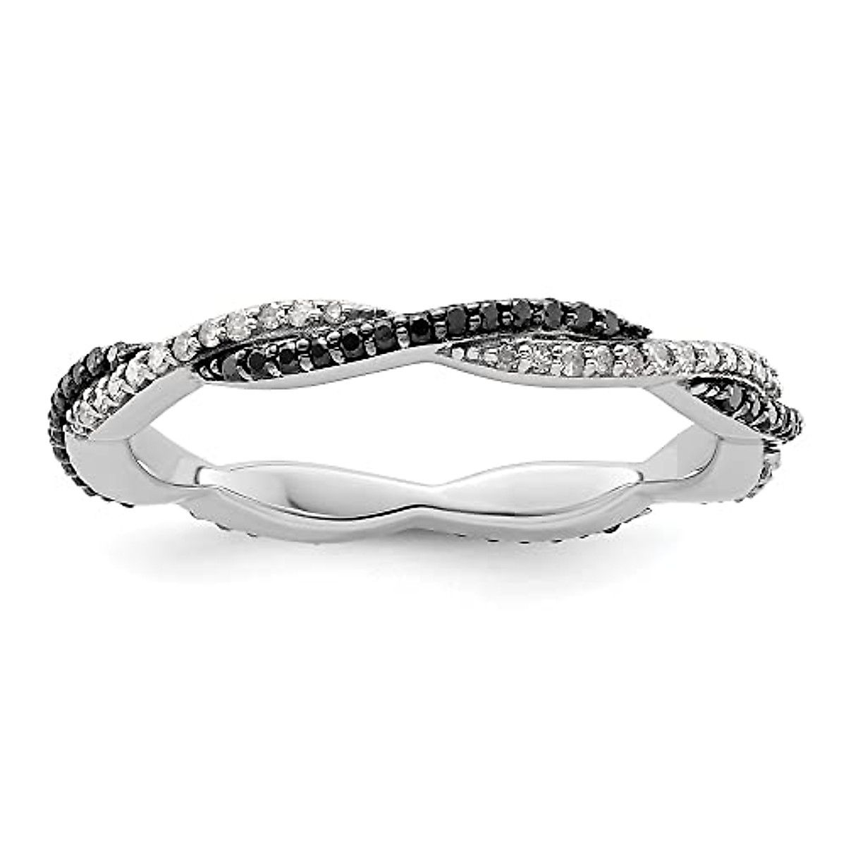 925 Sterling Silver Black White Diamond Stackable Wedding Band Ring Size 7.00