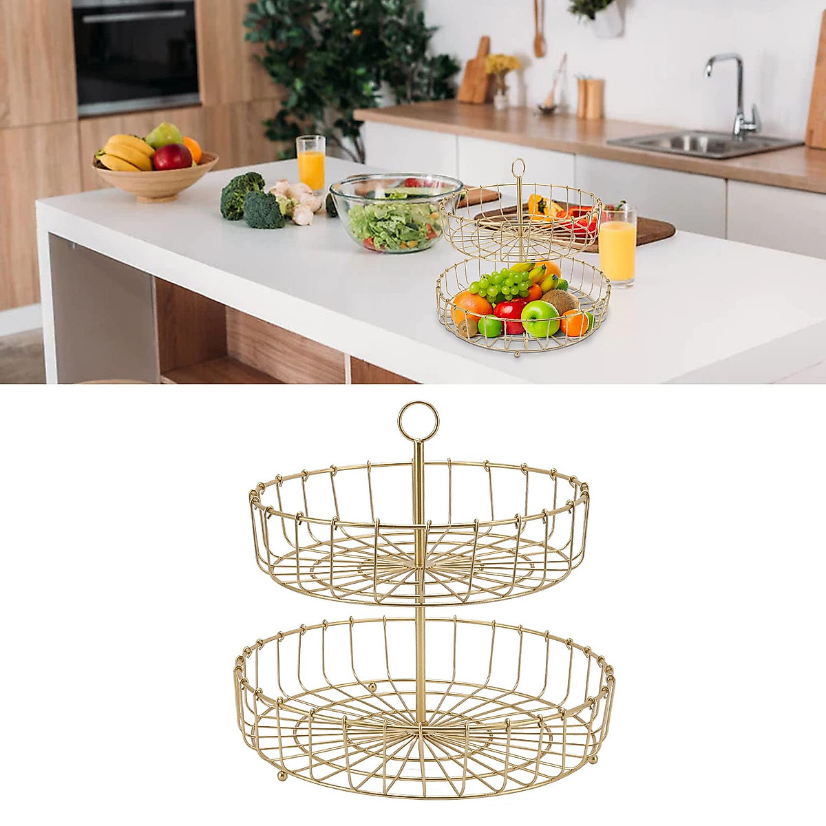 2 Tier Fruit Basket, Vegetables Fruit Bowl Storage Golden Household Snack Storage Tray Stand Organizer for Kitchen Countertop Counter
