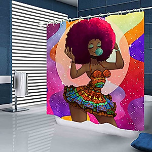 African American Shower Curtains for Bathroom, 4PCS Bathroom Shower Curtain Sets Include 1 Fabric Shower Curtain, 2 Non-Slip Rugs and 1 Toilet Lid Cover, Black Girl Shower Curtain Sets with Rugs(Red)