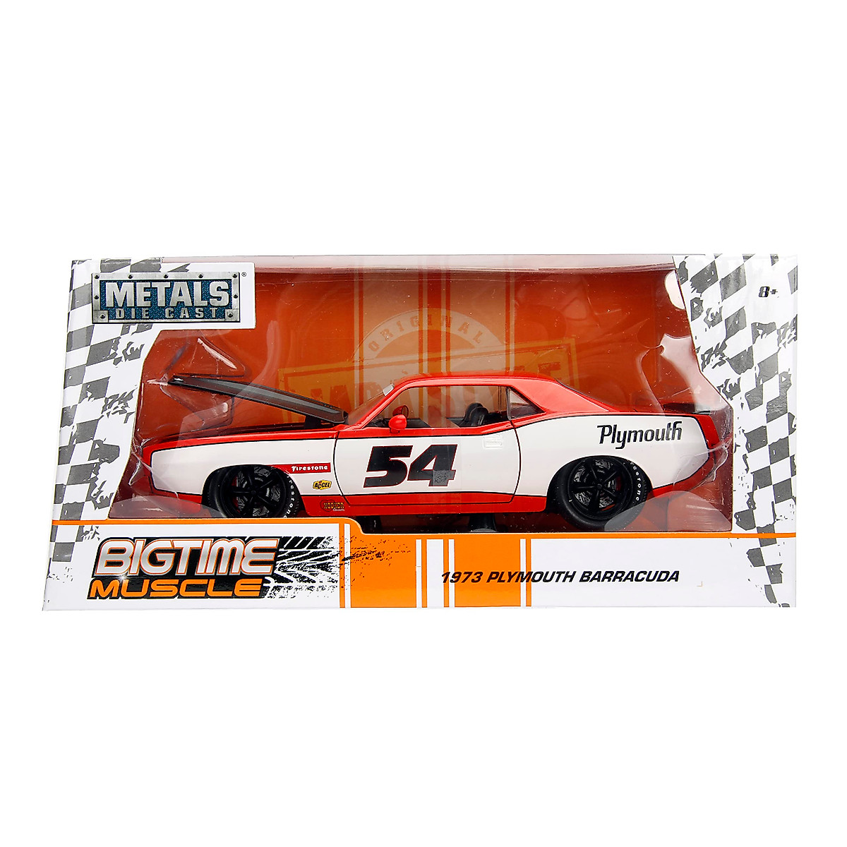 Big Time Muscle 1:24 1973 Plymouth Barracuda Die-Cast Car, Toys for Kids and Adults(Orange)