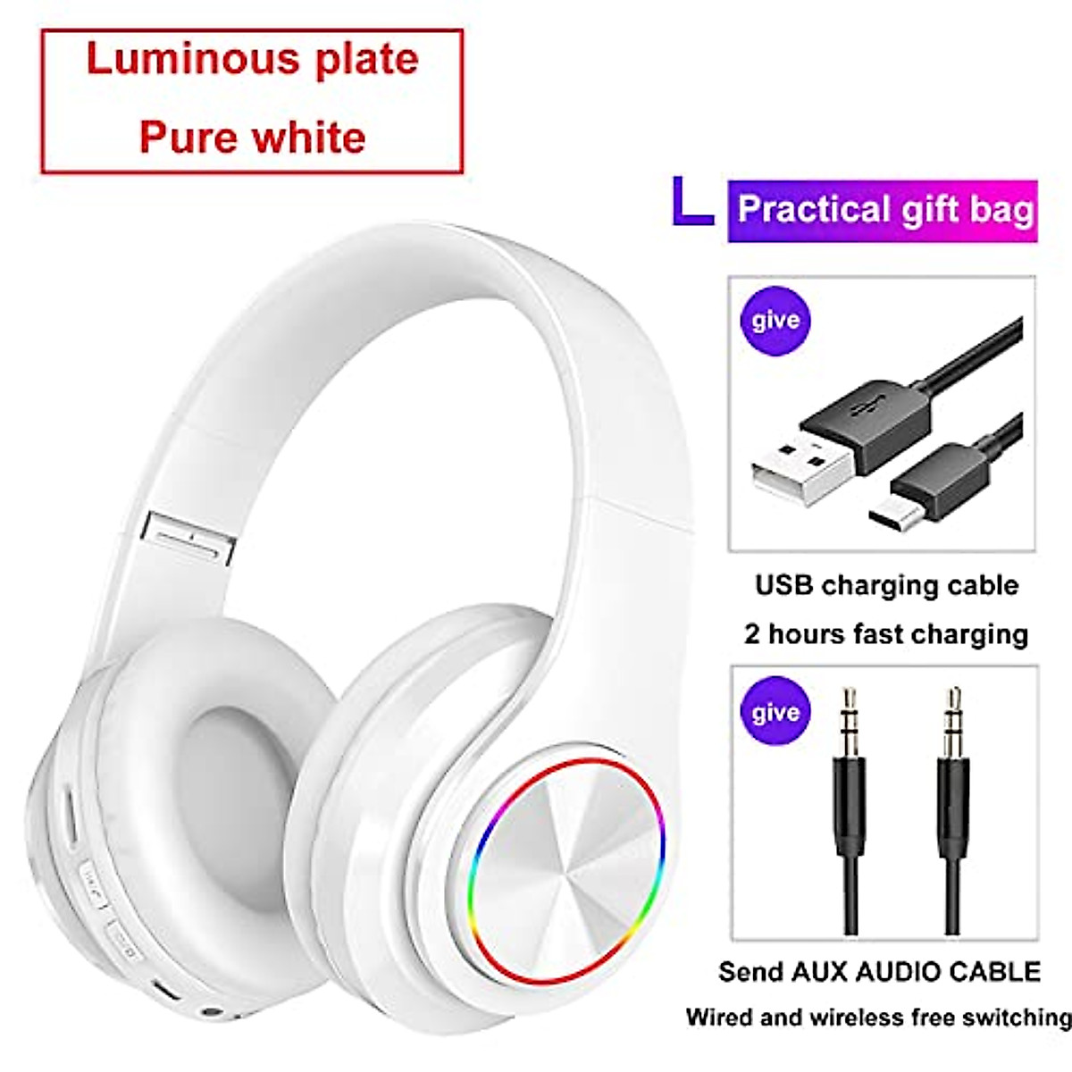 Niaviben 3 in 1 Wireless Headphones Bluetooth Headset Color LED Light Gaming Headset Stereo Headset with Microphone MP3 Player Headset White