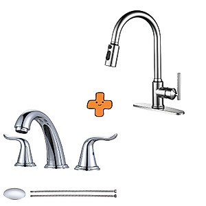 WOWOW 3 Hole Widespread Bathroom Faucet Chrome Bathroom Sink Faucets 2 Handle Bath Faucet 8 inch and Kitchen Faucets with Pull Down Sprayer