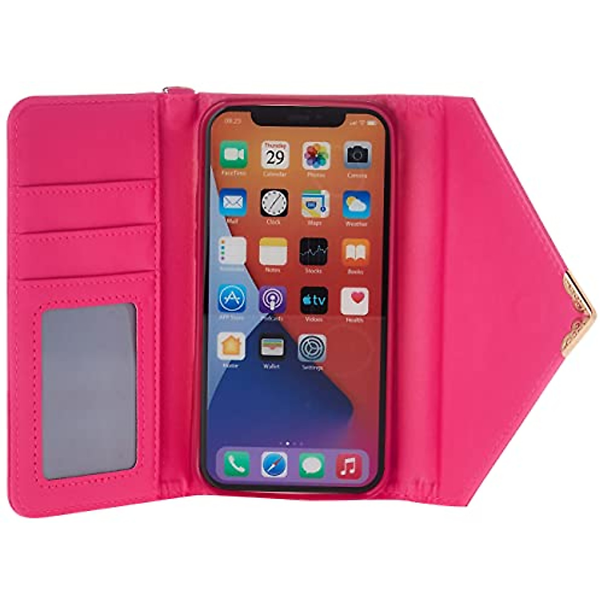 Glow Co, Ltd. 405-1-02 iPhone 12 with Strap, Multi-Functional Storage, Notebook Type Case, Magenta, Tempered Glass & Stylus Pen Included