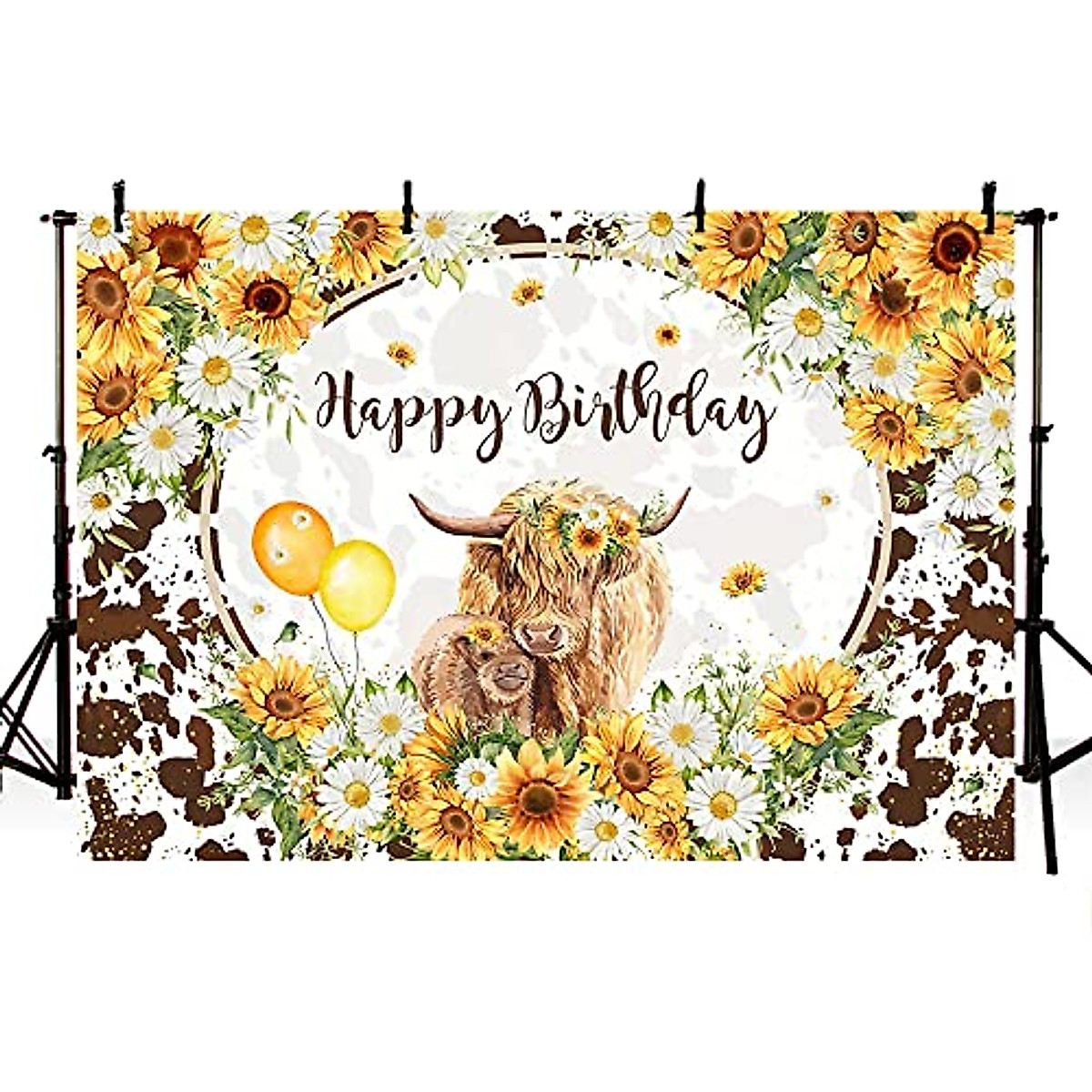 MEHOFOND 7x5ft Highland Cows Floral Birthday Backdrop Brown Cattles Happy Birthday Party Decorations Sunflowers Farm Cow Photography Background for Girls Cake Table Banner Supplies