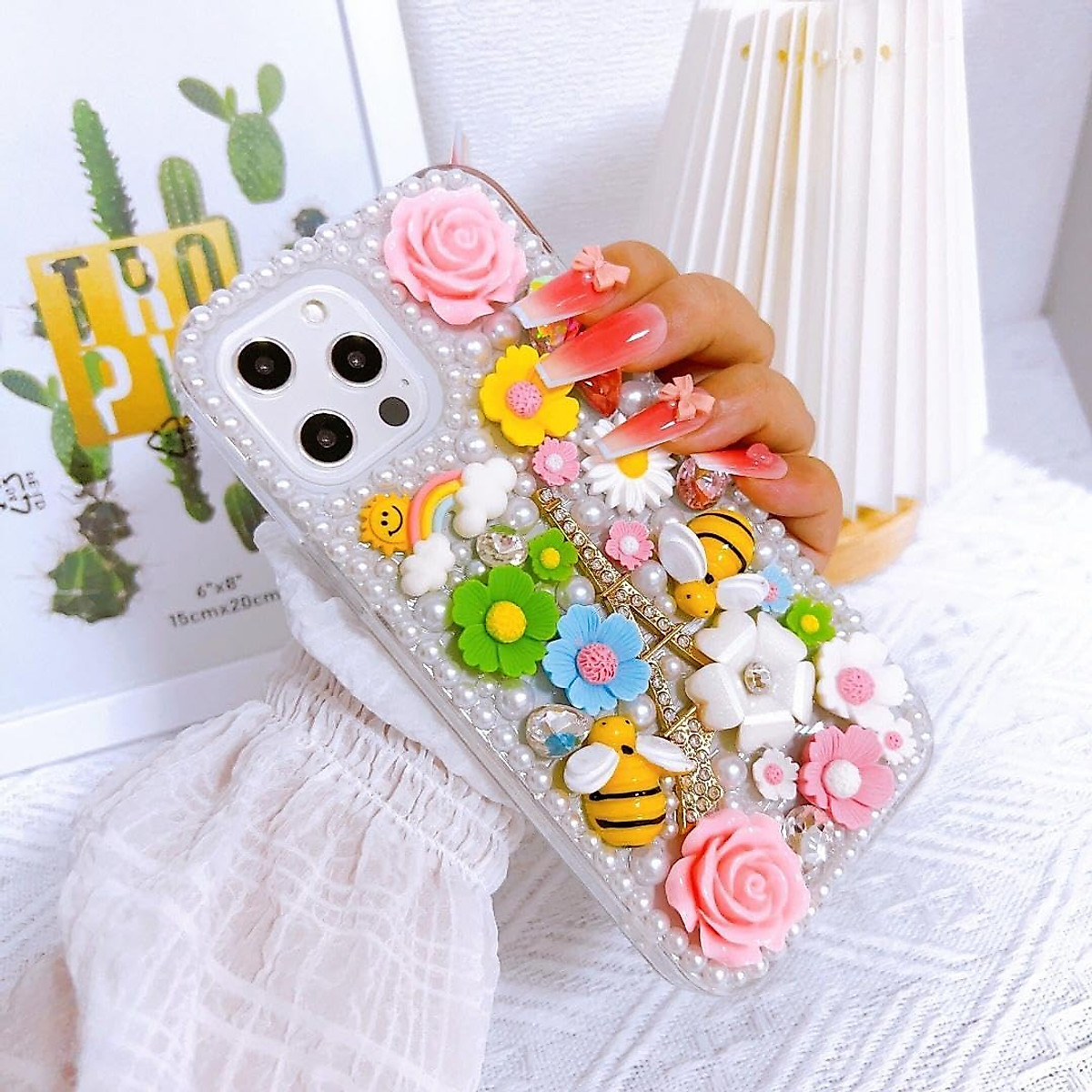redecarie for Samsung Galaxy S9 Plus Bling Glitter Case,Shiny Diamond Luxury Crystal Rhinestone Cute Bee Rainbow Tower Pearl 3D Handmade Women Girls Protective Cover with Bracelet Lanyard