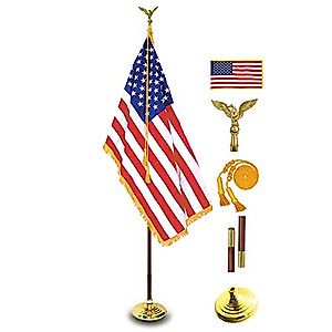 ANLEY 8 Ft Presidential Deluxe Indoor USA Flag Pole Set - 8' Oak Pole, Gold Fringed US Flag, Stand, Cord Tassel and Eagle Top Ornament for Offices, Schools, Churches & Auditoriums 8 Foot High