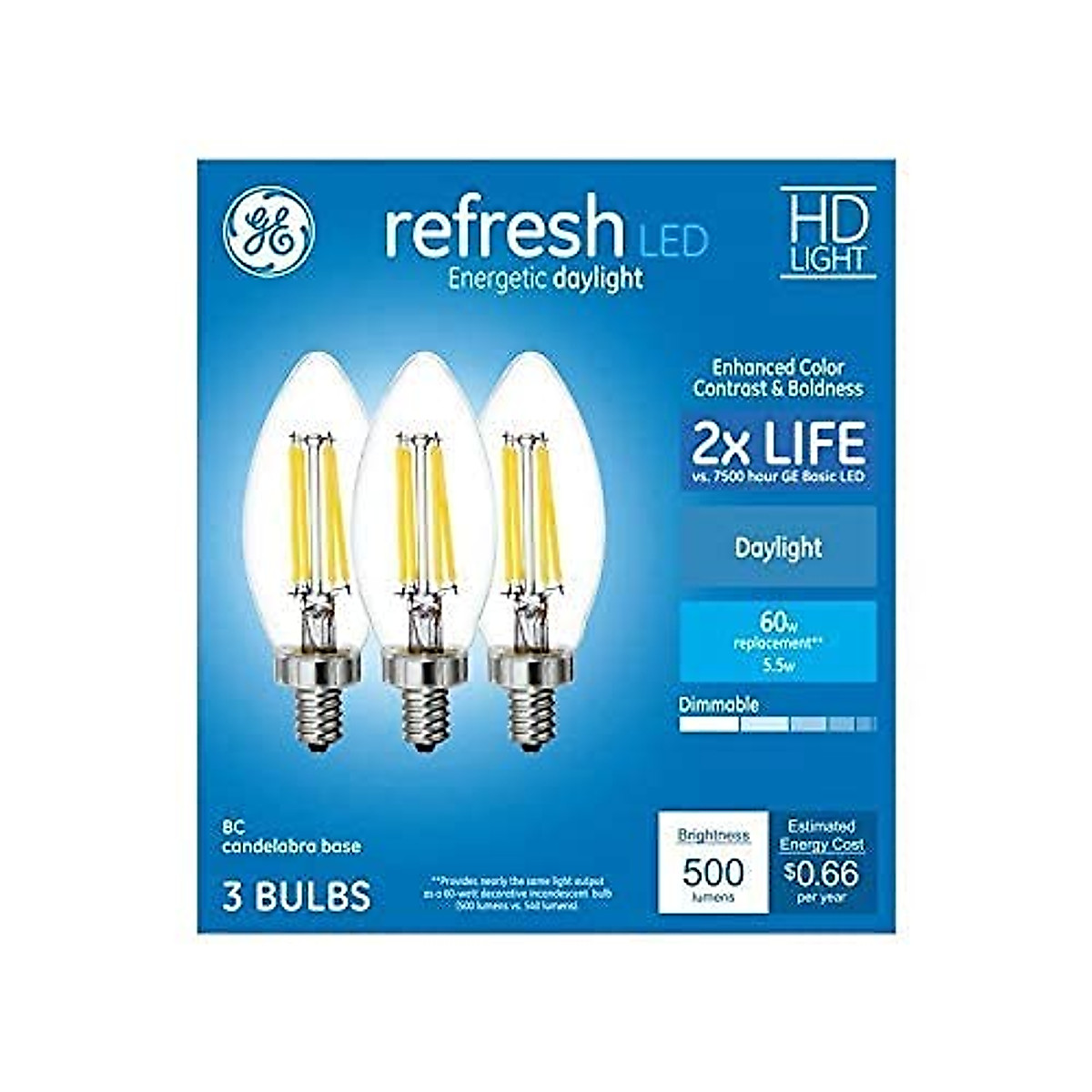 GE Refresh 3-Pack 60 W Equivalent Dimmable Daylight B12 LED Light Fixture Light Bulbs Decorative Candelabra Antique