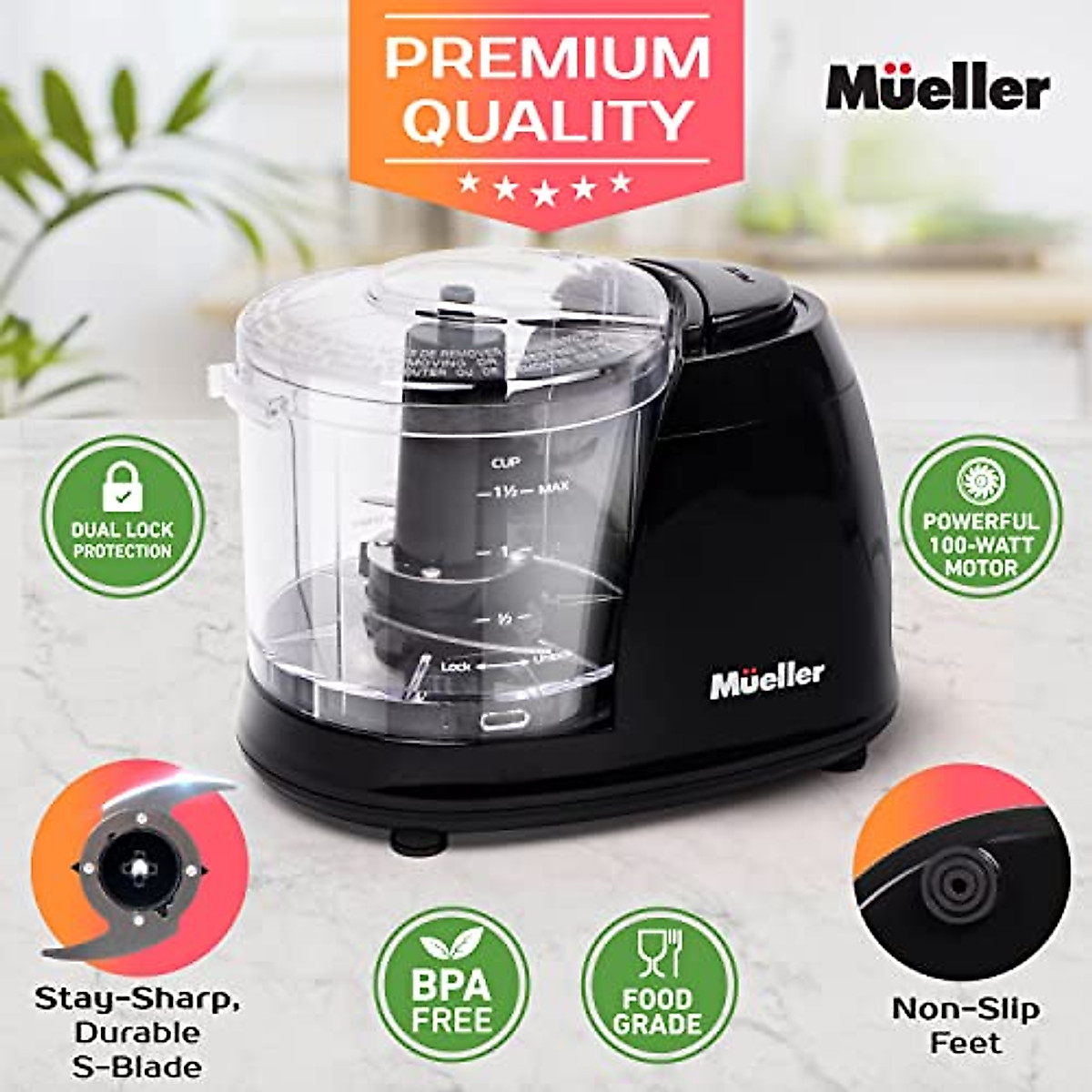 Mueller Mini Food Processor, Electric Food Chopper, 1.5-cup Meat Grinder, Mix, Chop, Mince and Blend Vegetables, Fruits, Nuts, Meats, Stainless Steel Blade, Black