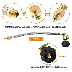 Hicello 1/4" RV Propane Hose with Gauge, Five-piece Set of Propane Hoses Including 2PCS 12" Stainless Steel Braided Hose, 1/4" Inverted Connector, QCC1 Connector and Seal Tape for Camper BBQ Gas Grill