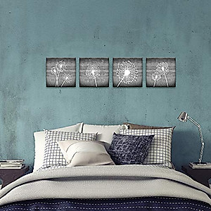 sechars 4 Piece Flower Wall Art White and Grey Dandelion Picture Canvas Painting with Wood Frame Modern Floral Canvas Artwork for Bedroom Bathroom Wall Decorations (12x12inchesx4pcs)