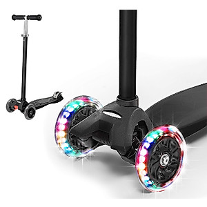 Rugged Racers Kick Scooter for Boys & Girls 3 Wheel Scooter, Adjustable Kick Scooter for Kids with PU LED Light Up Wheels, Step Brake, Lean 2 Turn, Ride on Toys for Children 5 Year Plus (Black)
