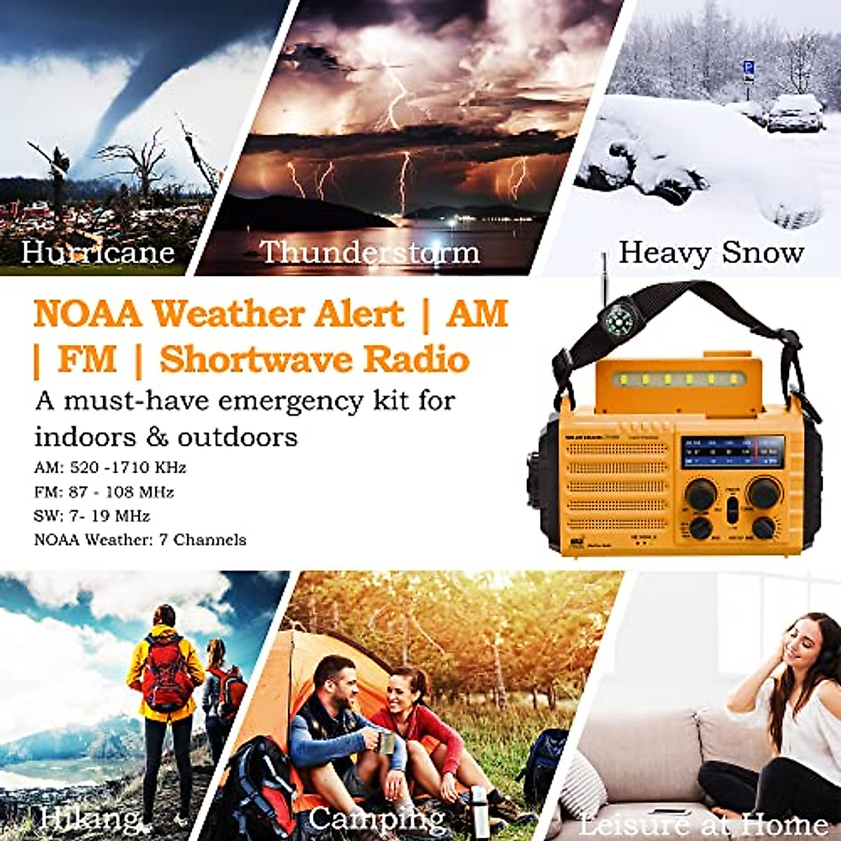 Emergency Radio 5000 Hand Crank Solar Weather Radio,5-Way Power AM/FM/SW/NOAA Survival Portable Radio with Camping Flashlight,Power Bank Phone Charger,Reading Lamp,SOS Alarm Survival Equipment,Compass