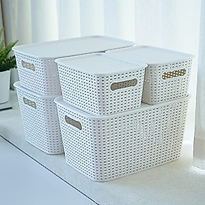 MBKO Plastic Storage Basket Bins - Stackable Pantry Organizer Container (Medium_White_6PK)