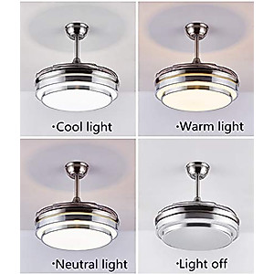 Fandian 42" Modern Ceiling Light with Fans Remote Control, 4 Retractable Blades with 3 Light Color Change Ceiling Fan for Living Bedroom Restaurant, Silver Color with Silent Motor (42In-1)