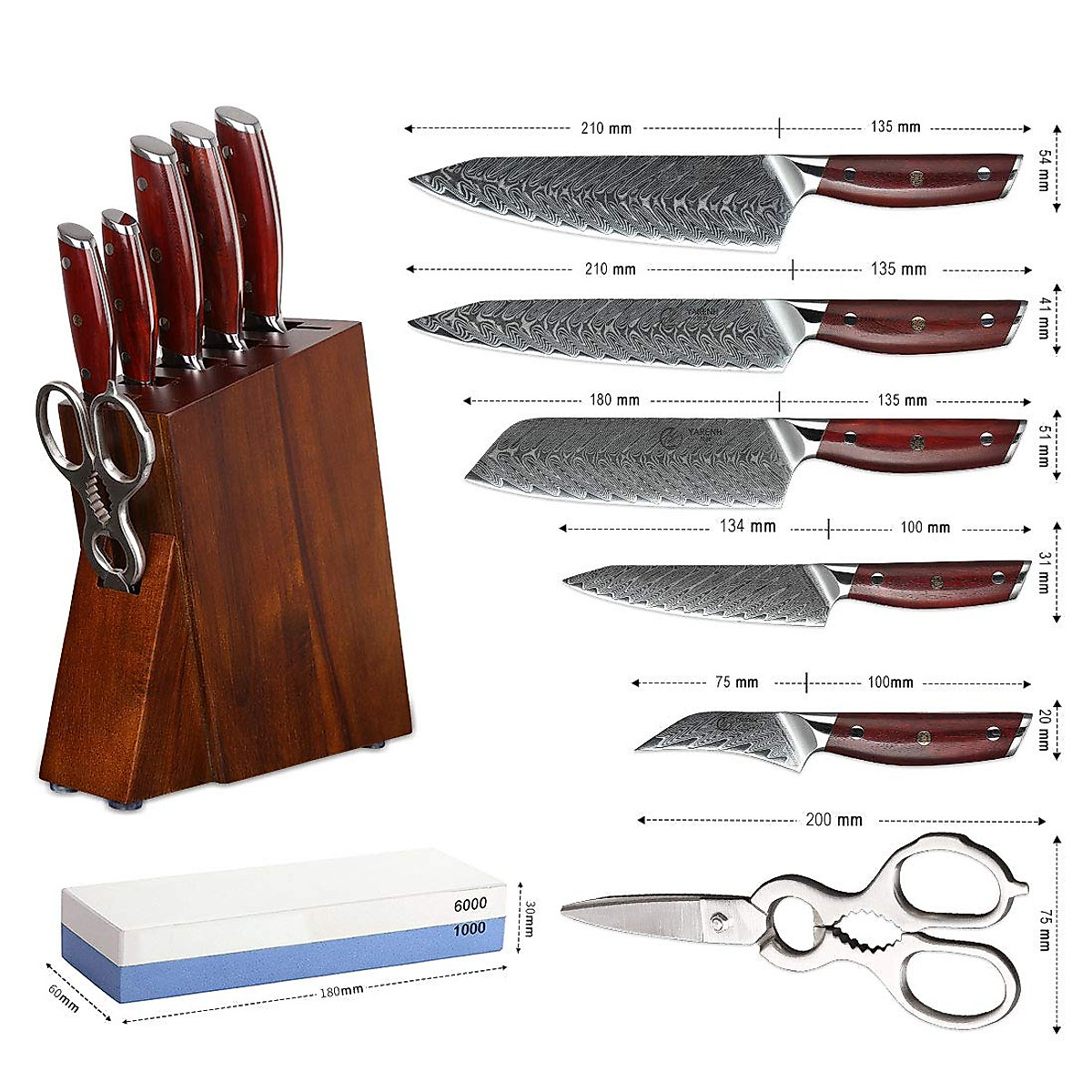 YARENH 8-Piece Kitchen Knife Set with Block,Damascus Chef Knife, 67-Layer High Carbon Stainless Steel,Sharp Rust-Resistant Blades,Sandalwood Handle