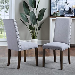 Merax Dining Chairs Set of 2, Fabric Dining Chairs with Copper Nails and Solid Wood Legs (Grey, Set of 2)