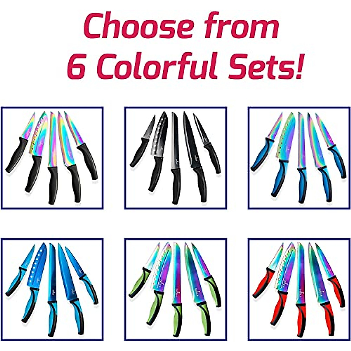 SiliSlick Kitchen Knife Set Professional, Titanium Coated Stainless Steel Blades, Dishwasher Safe, Safety Sheaths, 5 Knives