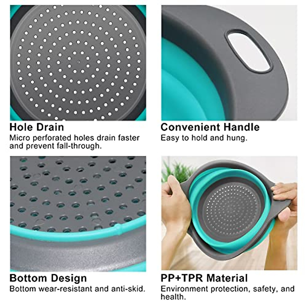 Collapsible Colander, Set of 2 PCS Collapsible Strainer, Space-Saving Kitchen Strainer, Food-Grade Silicone Folding Strainer Colander with Handle,7.7", 9.3"