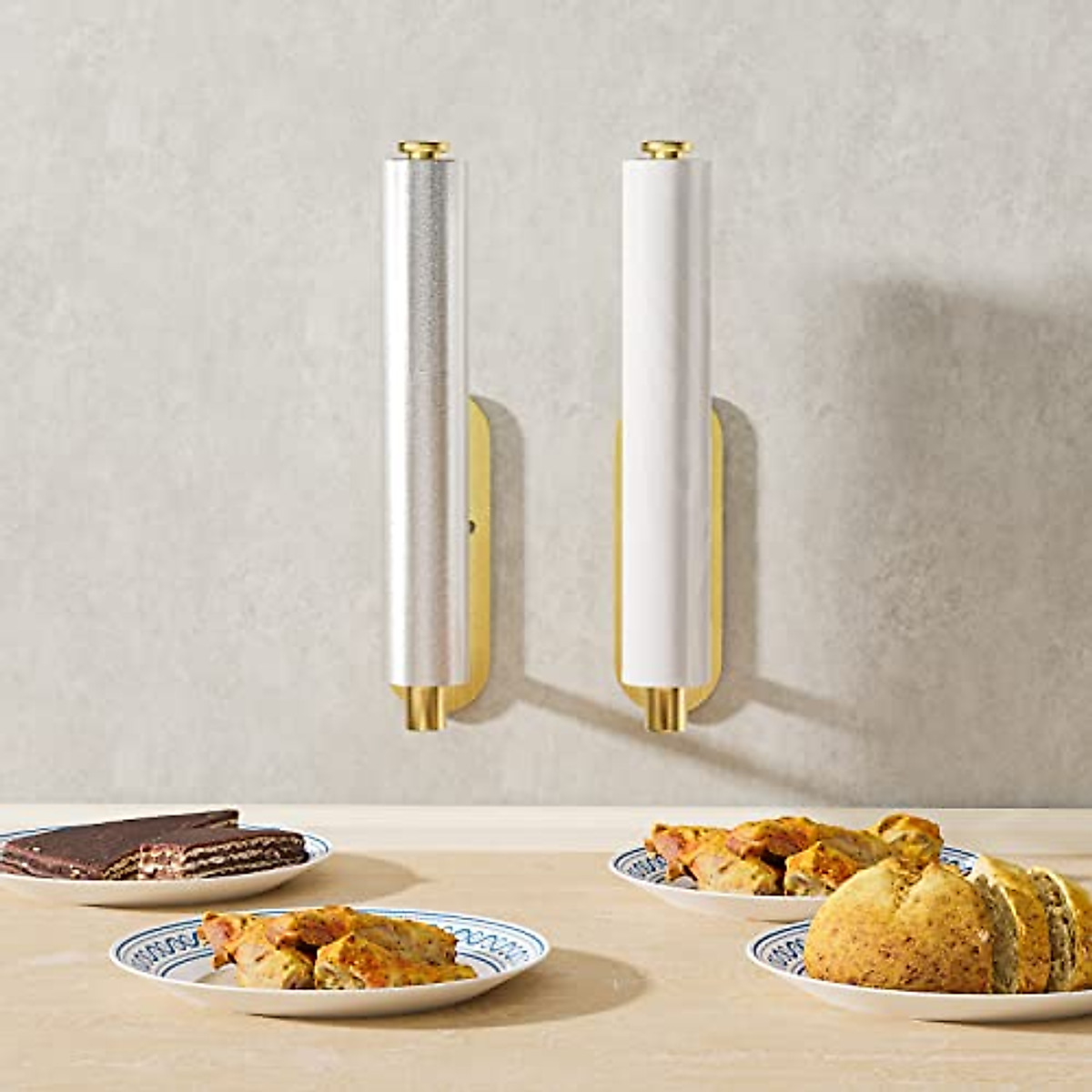 Youdian Gold Paper Towel Holder Under Cabinet,Under Counter Paper Towel Holder Wall Mount for Kitchen Bathroom Organization Storage,Adhesive and Screws,Stainless Steel,13 inch with 5 Hooks