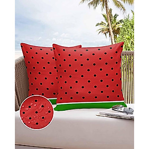 Lsrtoss Watermelon Outdoor Waterproof Pillow Covers, Black Polka Dots Green Summer Fruits Decorative Square Throw Pillowcase Sofa Cushion Sham for Patio/Couch/Chair, 18""x18"" 2 Pack, Summersrs49779