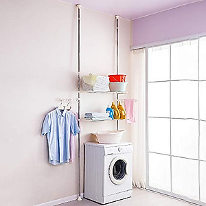 BAOYOUNI 2-Layer Expandable Laundry Shelf Over Washing Machine Storage Rack Tension Pole Space Saver Bathroom Organizer with Towels Clothes Hanger Hook, Ivory