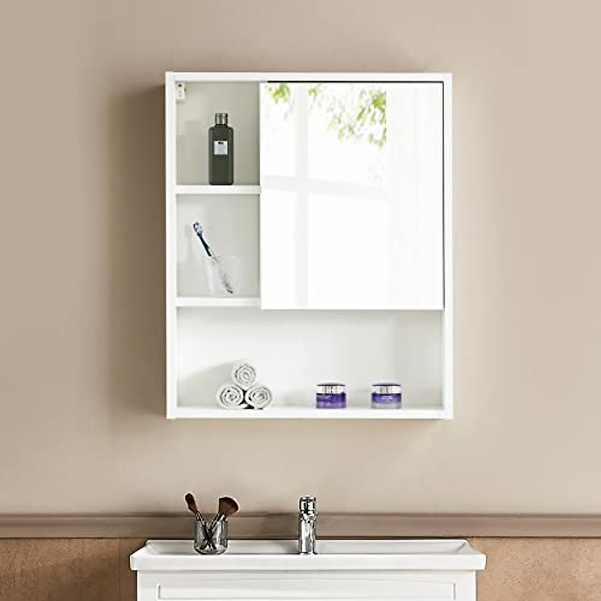 Basicwise Wall Mount Mirrored Cabinet with Open Shelf | 2 Adjustable Shelves Medicine Organizer Storage Furniture for Bathrooms, Kitchens, and Laundry Room, White